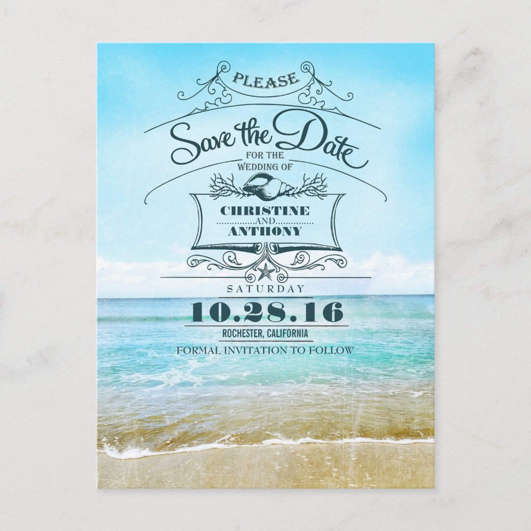 Beach wedding retro save the date postcards | Zazzle
