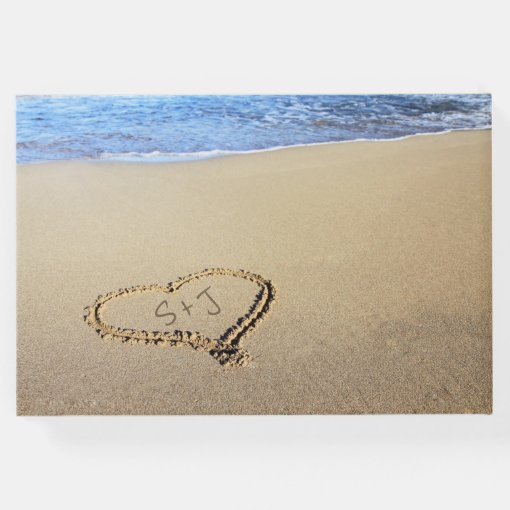 Beach Wedding Sand Heart Initials Guest Book | Zazzle