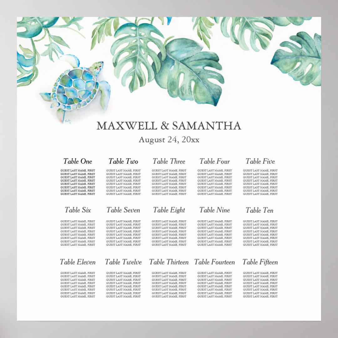 Beach Wedding SEATING CHART Sea Turtle Poster | Zazzle