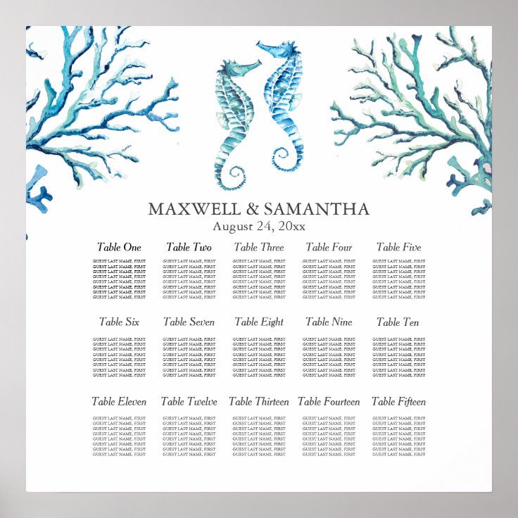 Beach Wedding SEATING CHART Seahorse | Zazzle