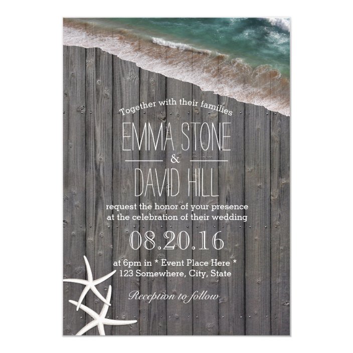 Beach Wedding Starfish & Waves Rustic Wood Invitation | Zazzle.com