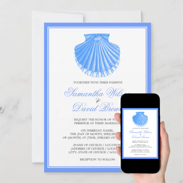 Beach Wedding Vintage Scallop Shell Blue Invitation | Zazzle