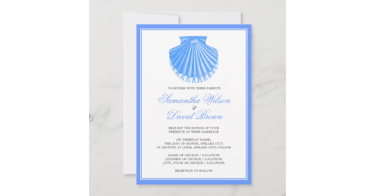 Beach Wedding Vintage Scallop Shell Blue Invitation | Zazzle