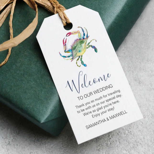 Beach Wedding Watercolor Crab Welcome Gift Tags | Zazzle