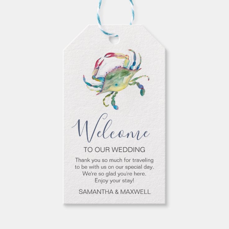 Beach Wedding Watercolor Crab Welcome Gift Tags | Zazzle
