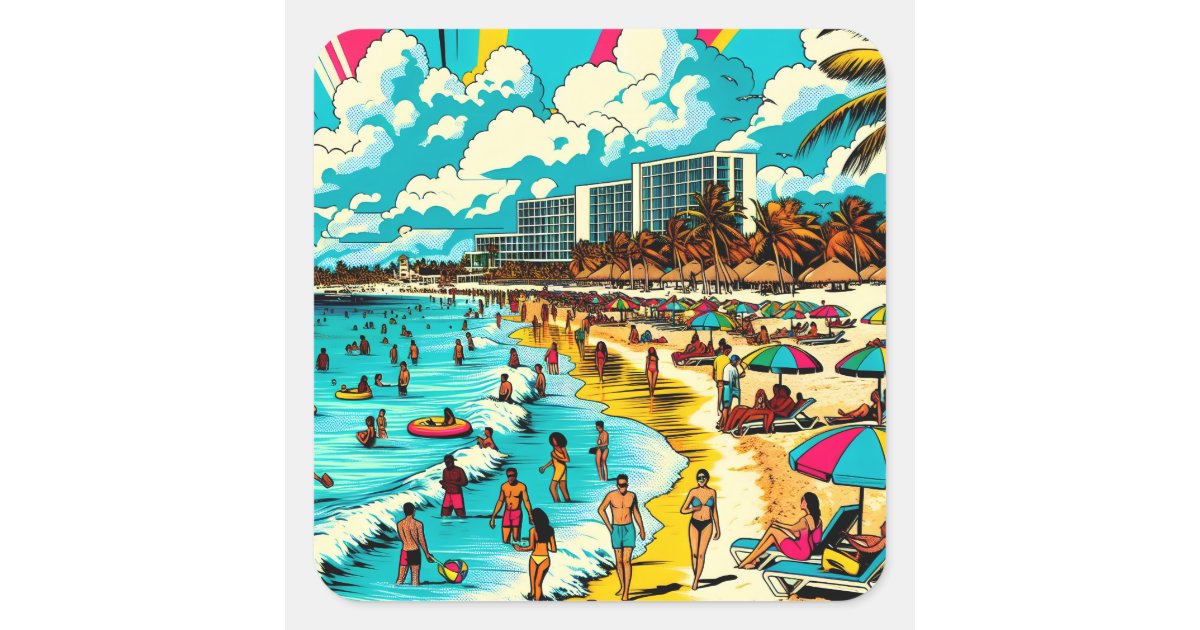 Beach with a Comic Book Pop Art Vibe Square Sticker | Zazzle