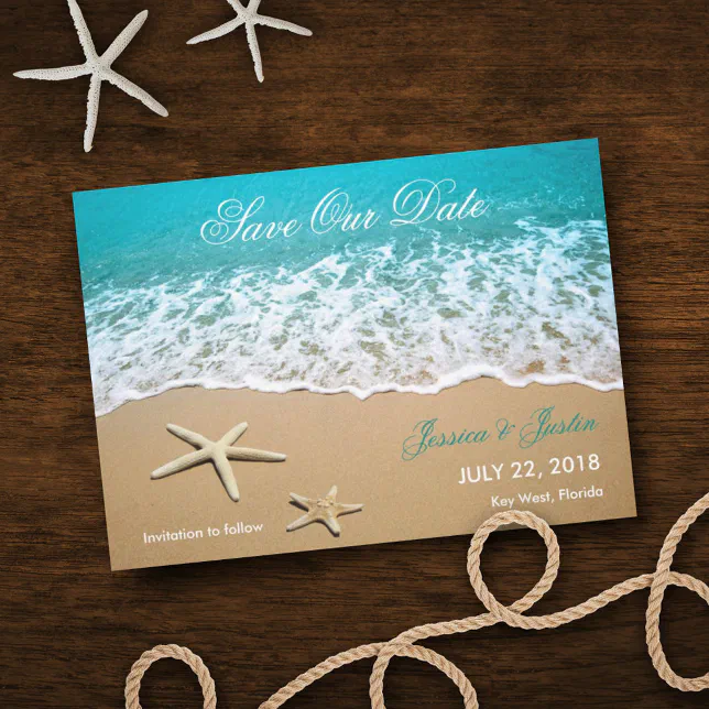 Beach With Starfish Save the Date Card | Zazzle