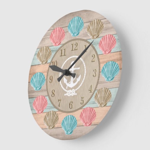 Beach Wood Nautical Seashells & Anchor Large Clock | Zazzle