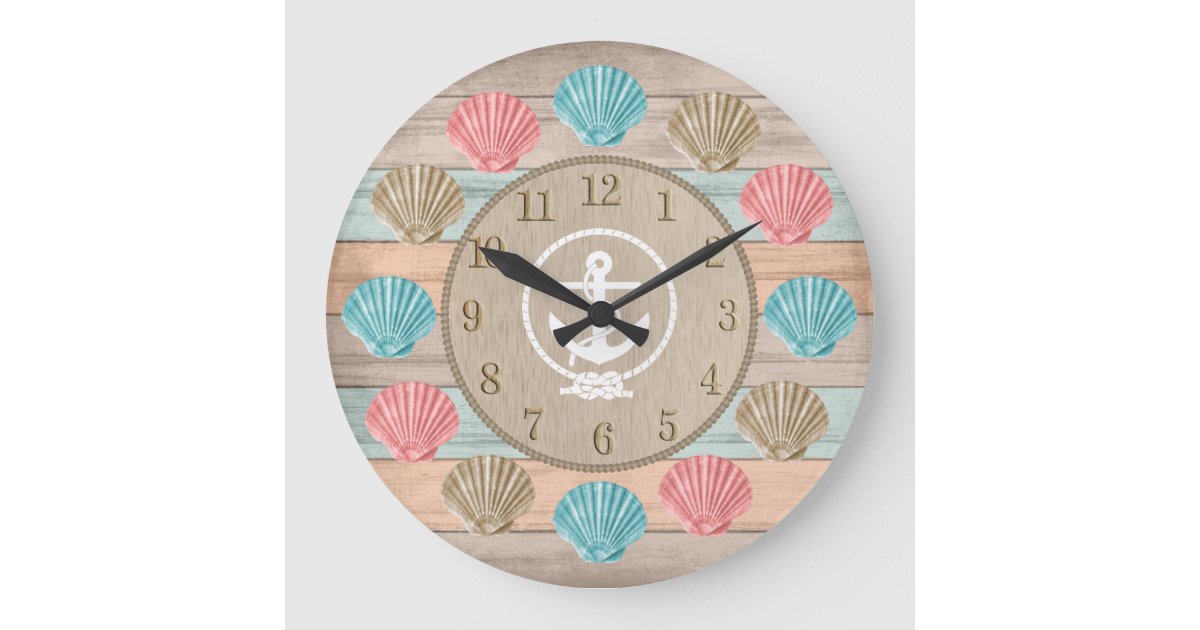 Beach Wood Nautical Seashells & Anchor Large Clock | Zazzle
