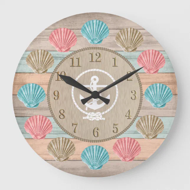 Beach Wood Nautical Seashells & Anchor Large Clock | Zazzle