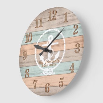 Beach Wood Nautical Stripes & Anchor Large Clock | Zazzle