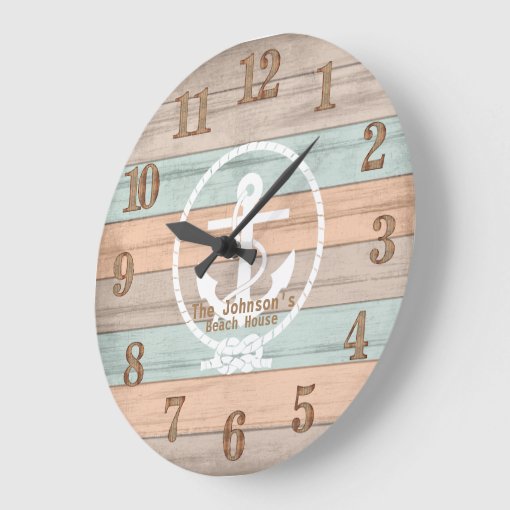 Beach Wood Nautical Stripes & Anchor Large Clock | Zazzle
