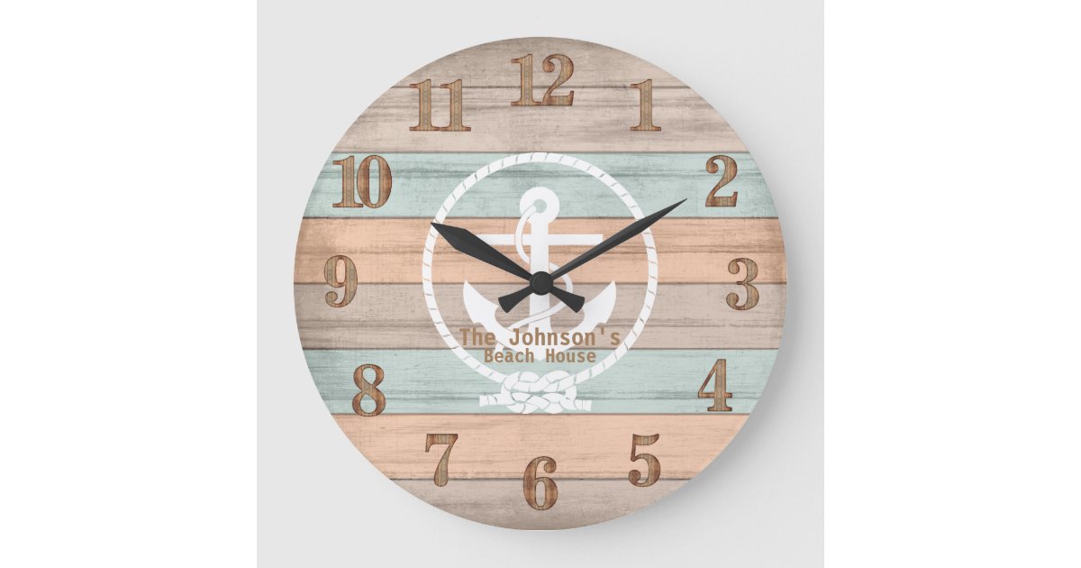 Beach Wood Nautical Stripes & Anchor Large Clock | Zazzle