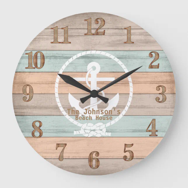 Beach Wood Nautical Stripes & Anchor Large Clock | Zazzle