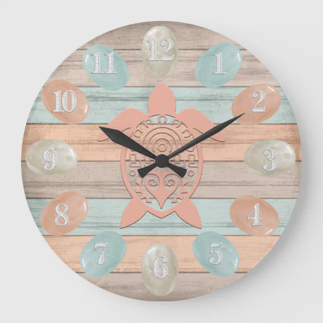 Beach Wood Nautical Stripes, Sea Glass, Turtle Large Clock | Zazzle