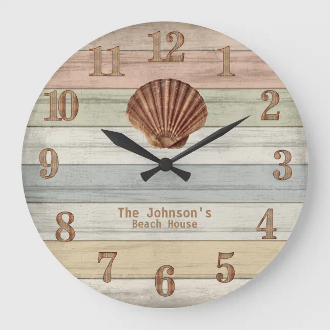 Beach Wood Nautical Stripes & Seashell Large Clock | Zazzle