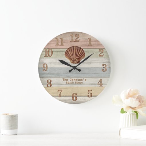 Beach Wood Nautical Stripes & Seashell Large Clock | Zazzle