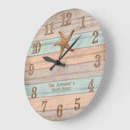 Beach Wood Nautical Stripes & Starfish Large Clock | Zazzle