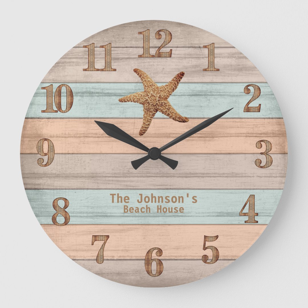 Beach Wood Nautical Stripes & Starfish Large Clock | Zazzle