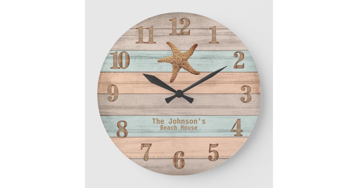 Beach Wood Nautical Stripes & Starfish Large Clock | Zazzle