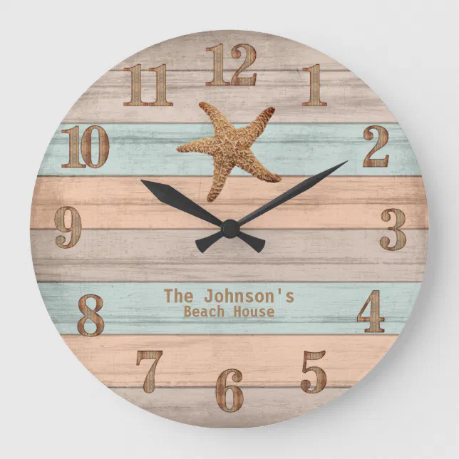 Beach Wood Nautical Stripes & Starfish Large Clock | Zazzle