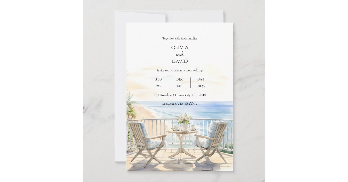 Beachside Resort Balcony Ocean View Beach Wedding Invitation | Zazzle