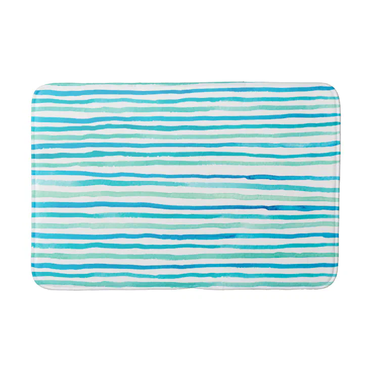 Beachy Turquoise Watercolor Stripes Bath Mat | Zazzle