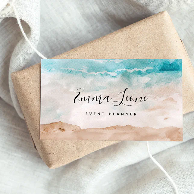 Beachy Watercolor | Sea Blue, Cream and Brown Business Card | Zazzle