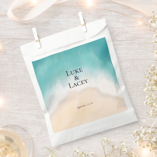 beachy watercolor wedding label favor bag | Zazzle