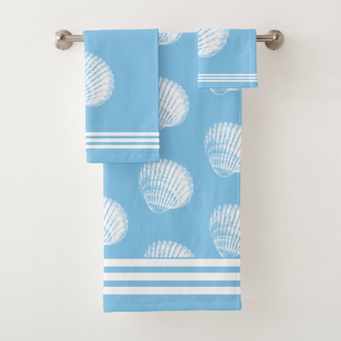 Beachy White Stripes & White Seashells Ocean Blue Bath Towel Set ...