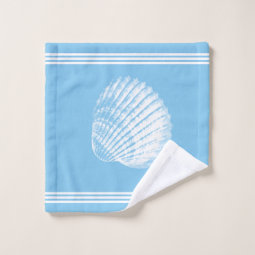 Beachy White Stripes & White Seashells Ocean Blue Bath Towel Set | Zazzle