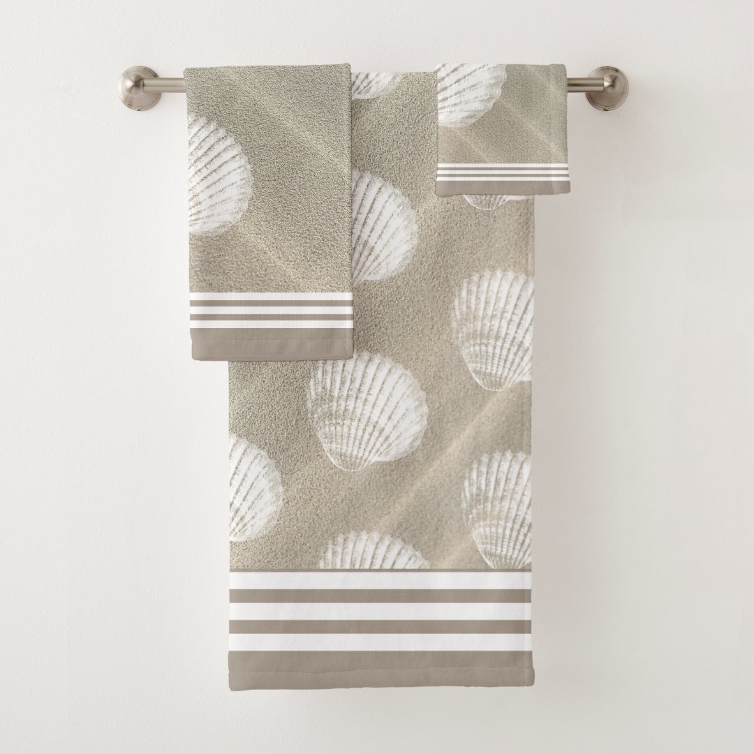 Beachy White Stripes & White Seashells Sand Dunes Bath Towel Set | Zazzle