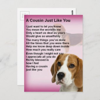 Beagle Design Cousin Poem Postcard | Zazzle