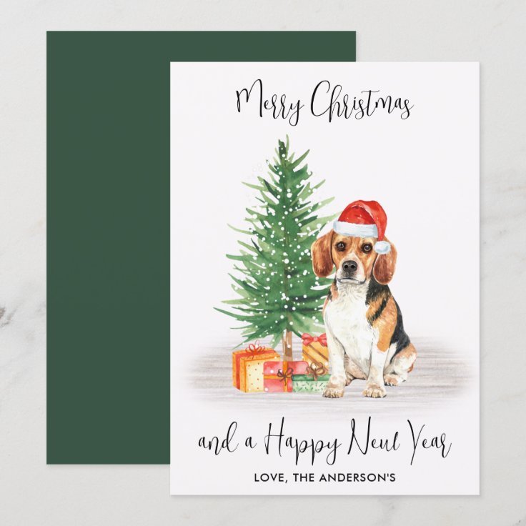 Beagle Dog Santa Festive Tree Merry Christmas Holiday Card | Zazzle