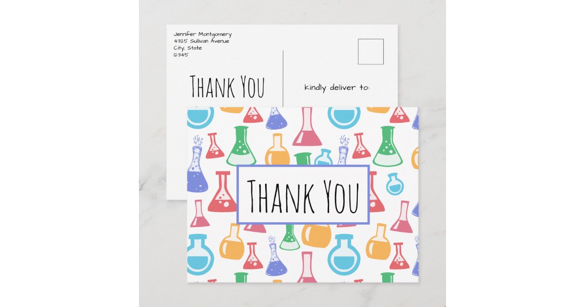 Beakers and Flasks Science Pattern Thank You Postcard | Zazzle