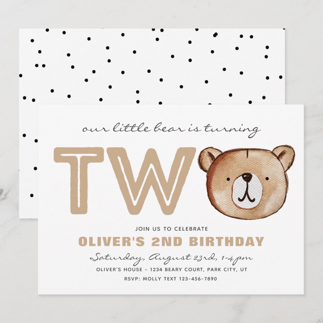 Bear 2nd Birthday Invitation | Cute Bear Invite | Zazzle