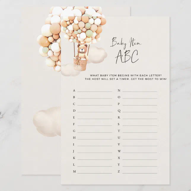 Bear Baby Shower Game - Baby Item ABC | Zazzle