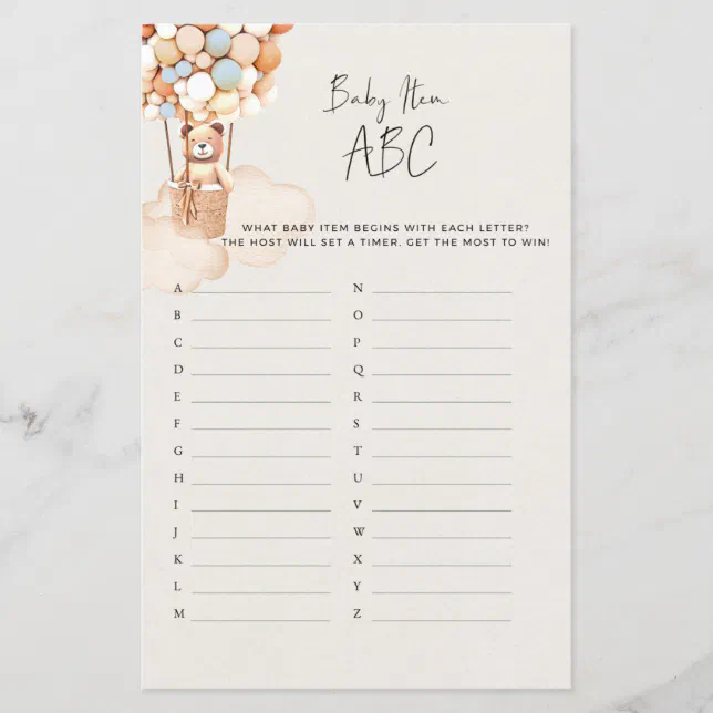 Bear Baby Shower Game - Baby Item ABC | Zazzle