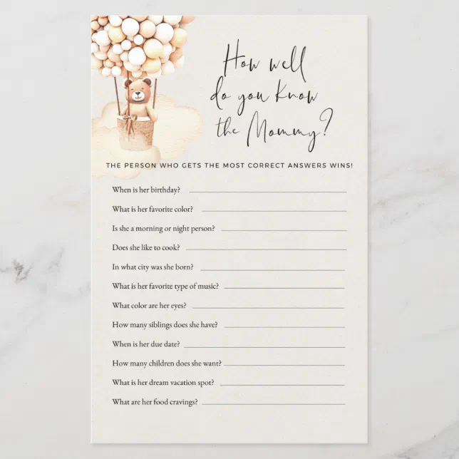 Bear Baby Shower Game How Well Do You Know | Zazzle