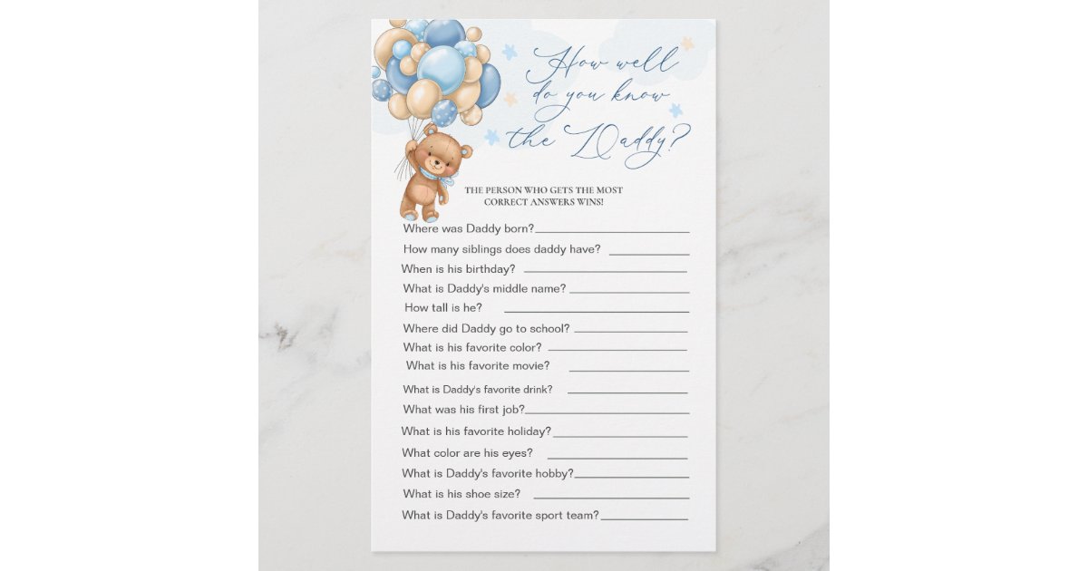 Bear Baby Shower Game How Well Do You Know Daddy | Zazzle