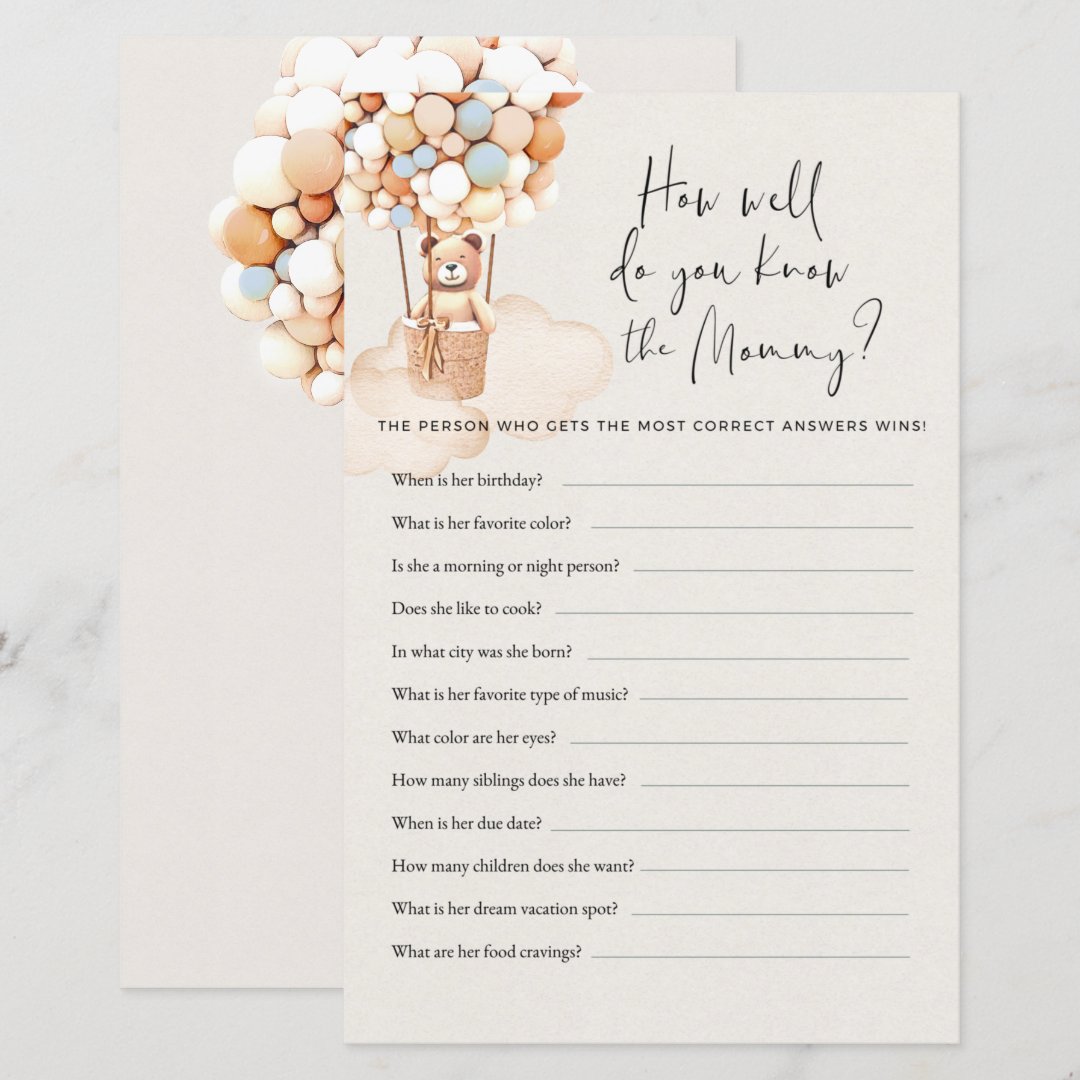 Bear Baby Shower Game How Well Do You Know Mom | Zazzle