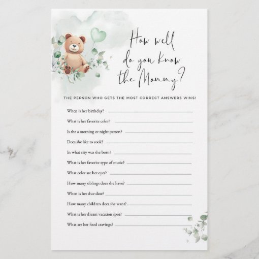 Bear Baby Shower Game - How Well Do You Know Mommy | Zazzle