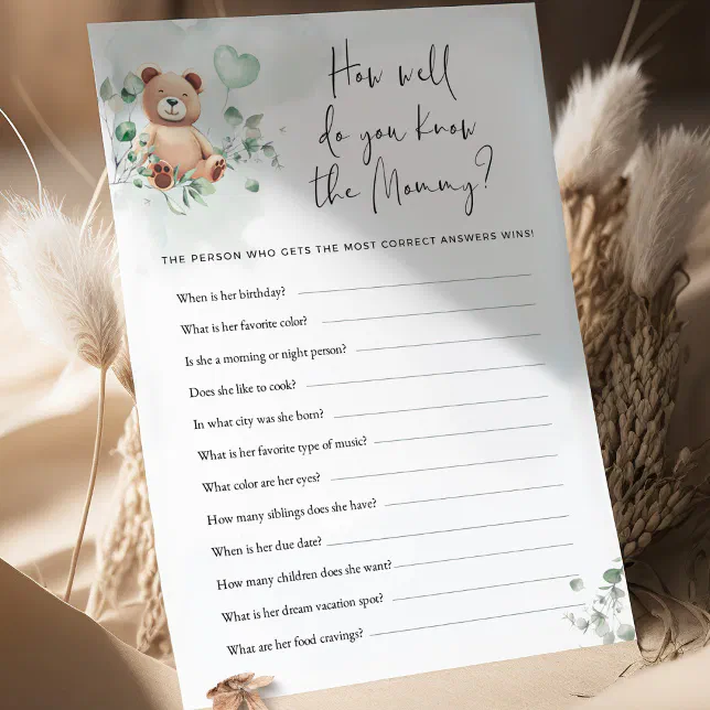 Bear Baby Shower Game - How Well Do You Know Mommy | Zazzle