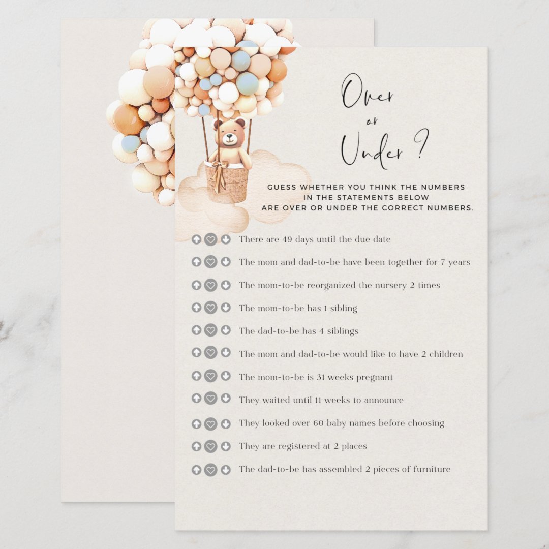Bear Baby Shower Game Over Or Under | Zazzle