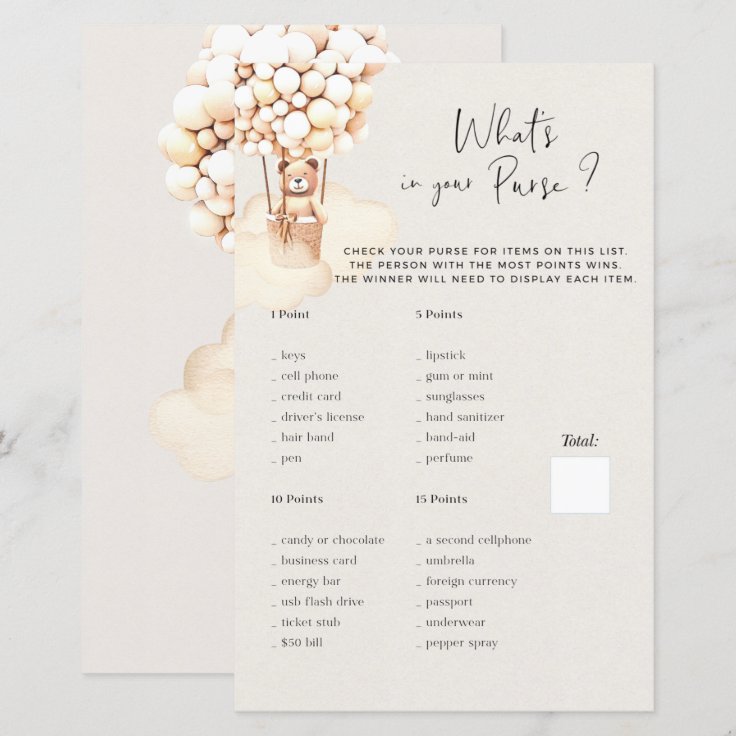 Bear Baby Shower Game What's In Your Purse | Zazzle