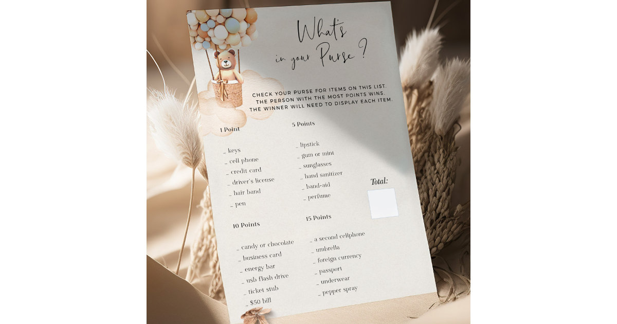 Bear Baby Shower Game Whats In Your Purse? | Zazzle
