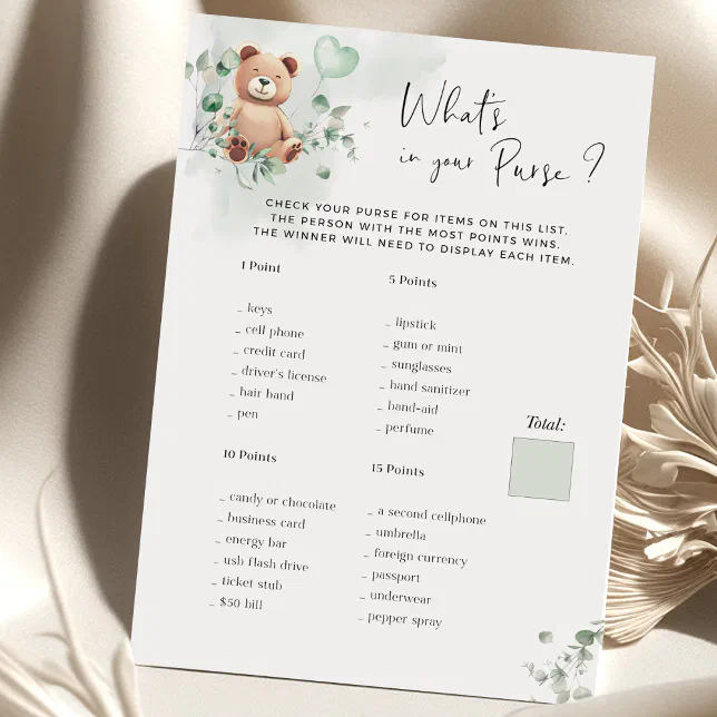 Bear Baby Shower Game - What's In Your Purse | Zazzle