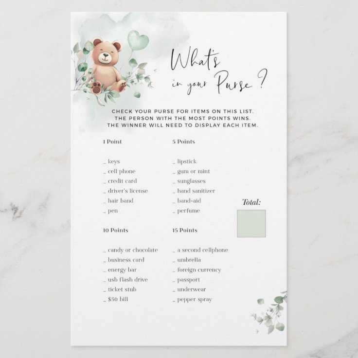 Bear Baby Shower Game - What's In Your Purse | Zazzle