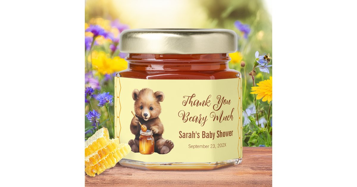 Bear Baby Shower Thank You Beary Much Cute Script Honey Jar Favors | Zazzle