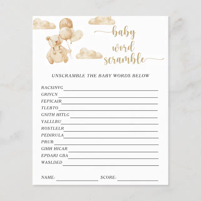 Bear Baby Word Scramble | Baby Shower Game | Zazzle